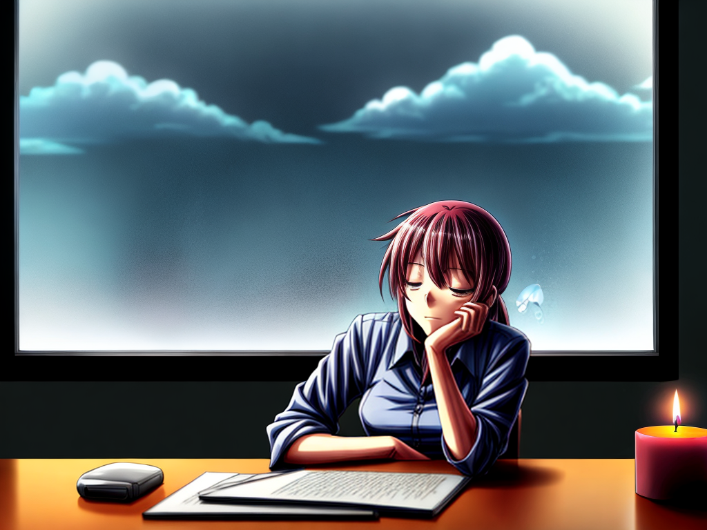 anime cartoon image of a woman at her desk resting her head on the ...