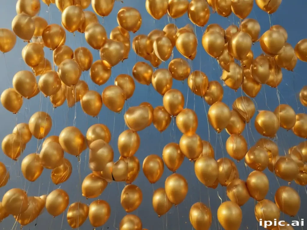 A Joyful Display of Shimmering Golden Balloons Floating Against a Clear Sky