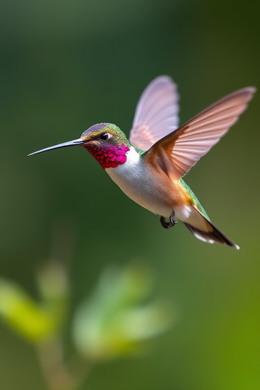 A Vibrant Hummingbird in Mid-Flight Against a Soft Green Background