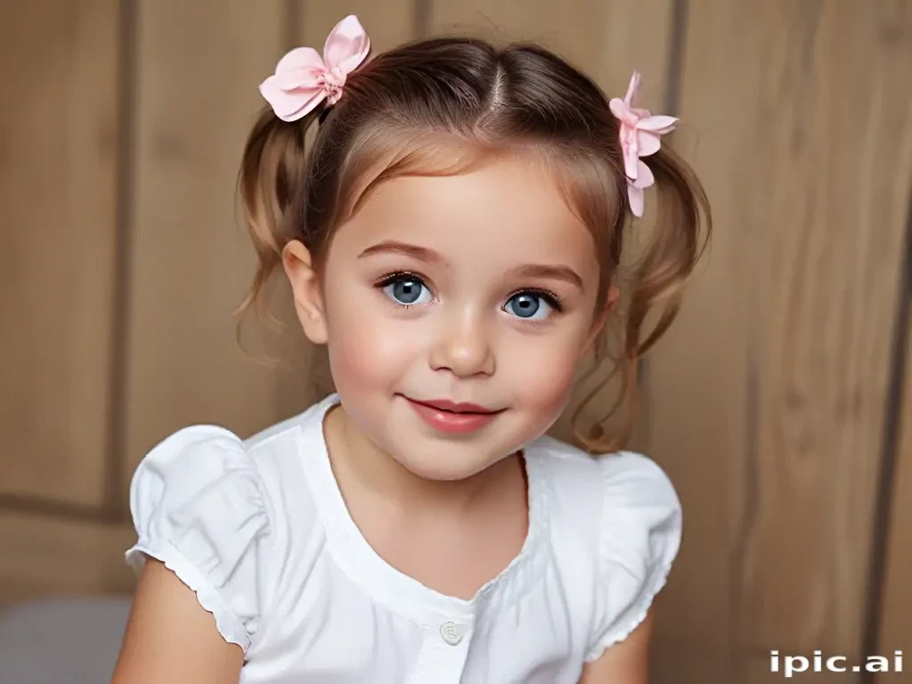 A Sweet Young Girl with Bright Blue Eyes and Charming Pigtails.