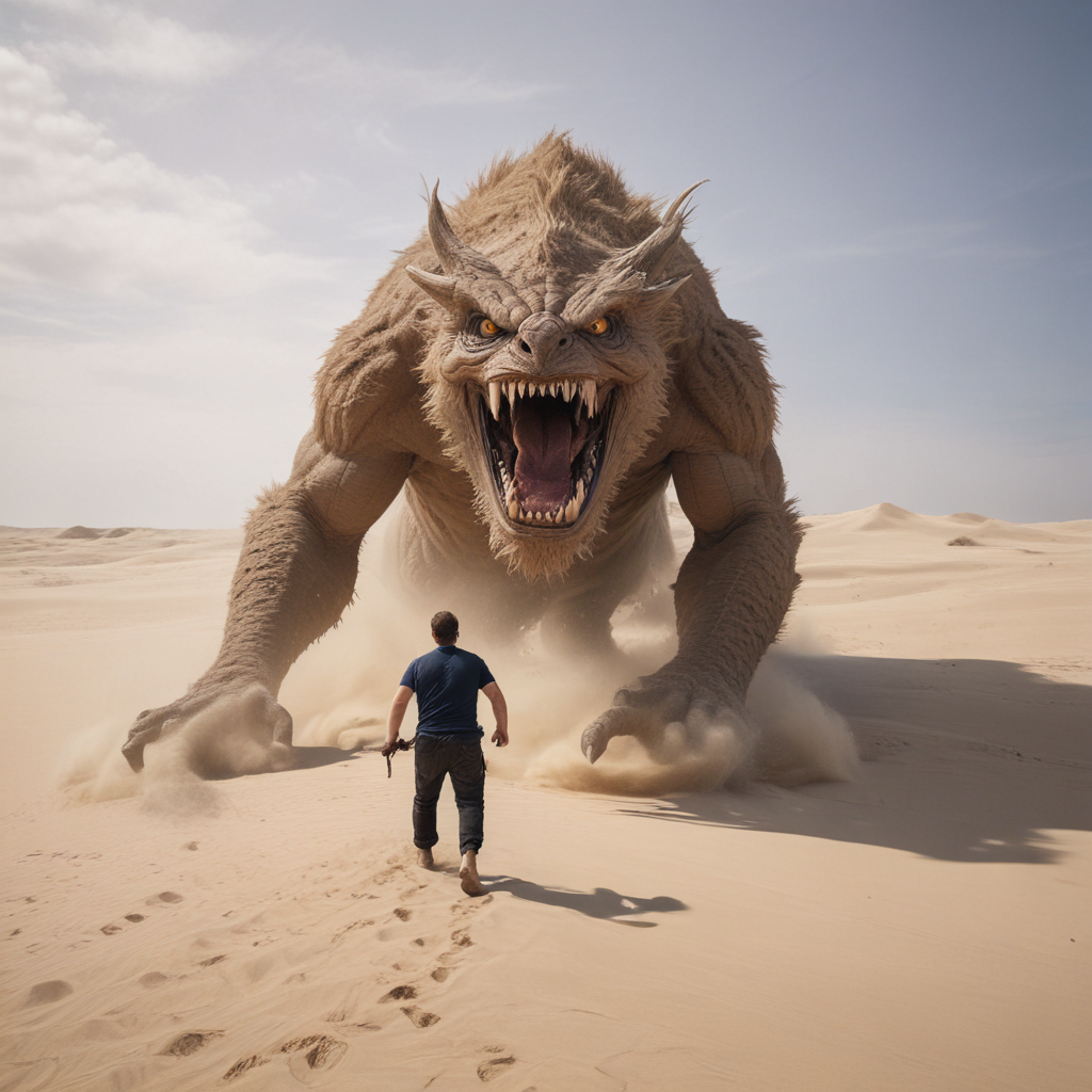 A man fighting a monster in the dunes
