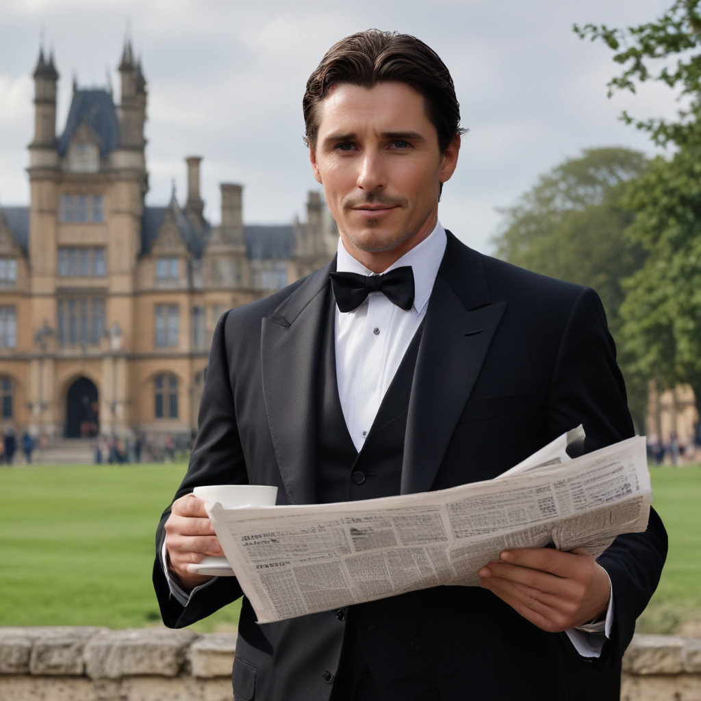 Christian Bale as bruce wayne in tuxedo, muscle, with a newspaper and ...