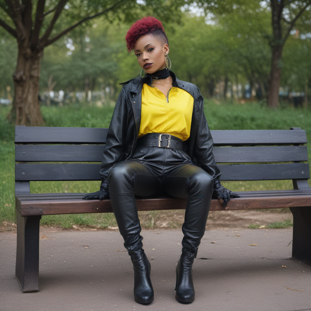 very skinny Kenyan cyberpunk girl leaning back on a park bench, very ...