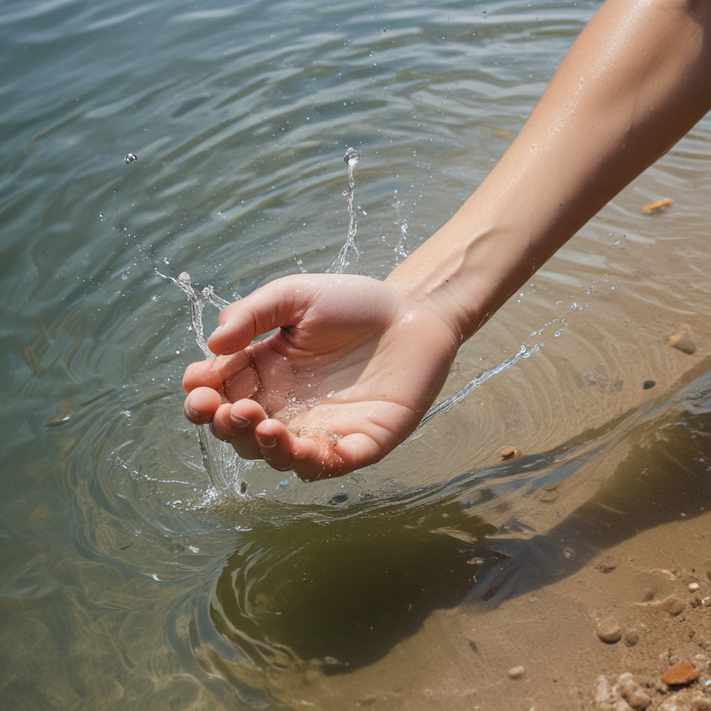 a male hand scooping water, which runs down and splashes back into the ...