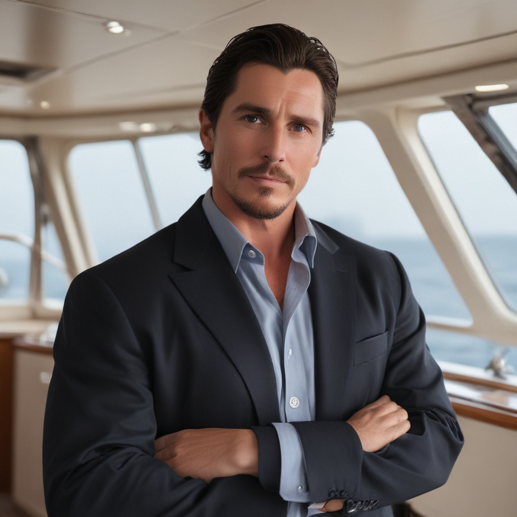 Christian bale as bruce wayne,inside a luxury yacht,