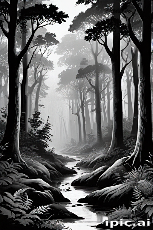 Majestic Black and White Forest Scene with Serene River Flowing Through