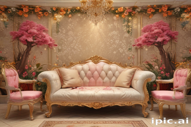 Elegant Floral Lounge with Pink Accents and Luxurious Golden Details.
