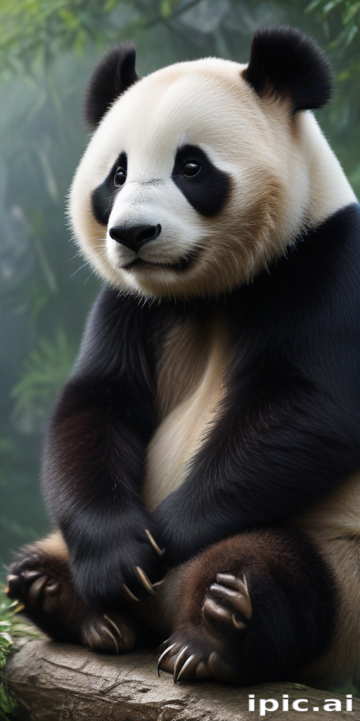 A Playful Panda Sitting Calmly Amidst Lush Green Jungle Background.