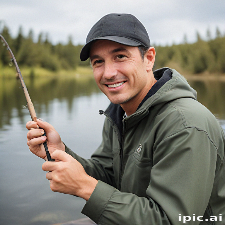 A Smiling Fisherman Enjoys a Peaceful Day by the Lake