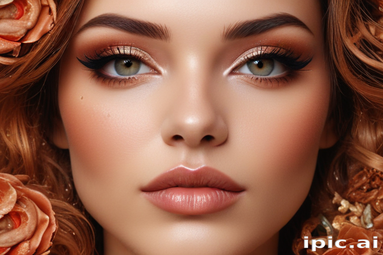 Stunning Close-Up of a Model with Beautiful Makeup and Floral Surroundings