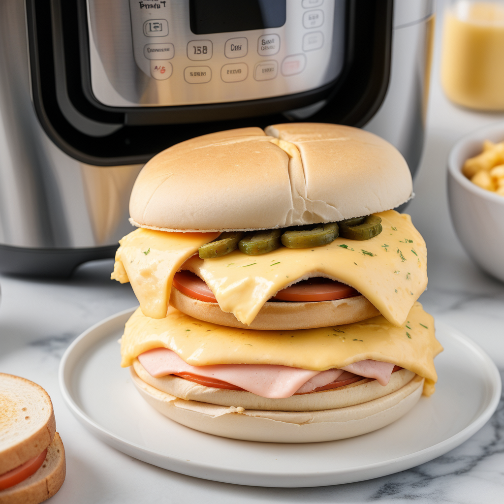 Delicious Double Layer Sandwich with Cheese, Tomatoes, and Pickles on Plate