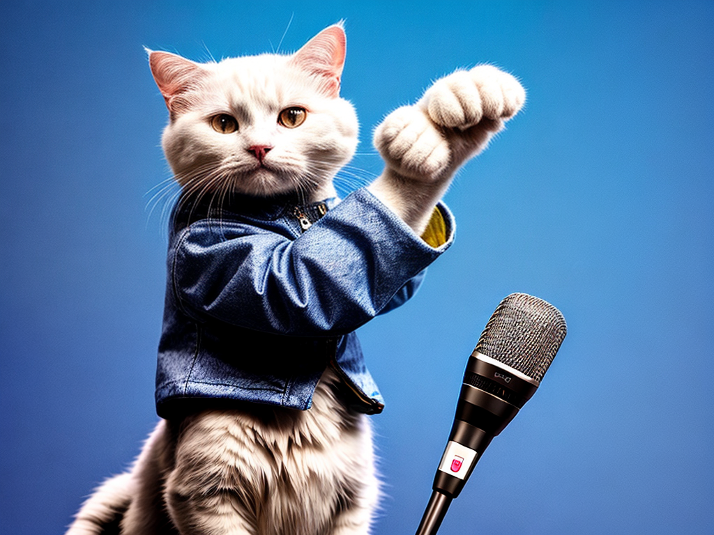 white cat in a shiny jacket singing into a microphone on a stage