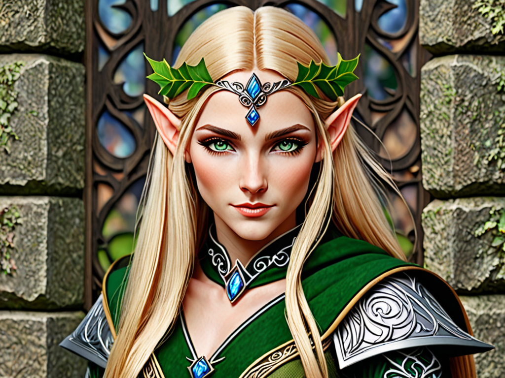 Wood Elf girl with, green eyes, long blonde hair, elven fabric clothing ...