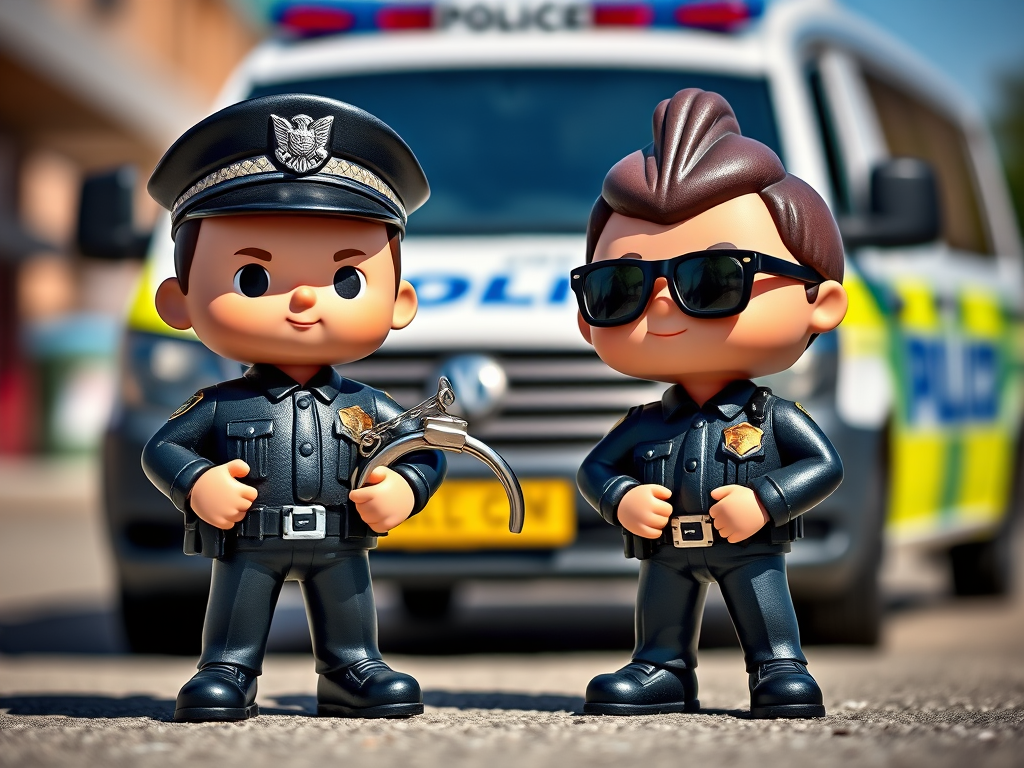 Two Cartoon Police Officers Standing Proudly in Front of Their Patrol Car