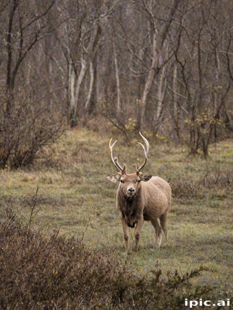 A Majestic Stag Stands Proudly Amidst a Serene Forest Landscape.