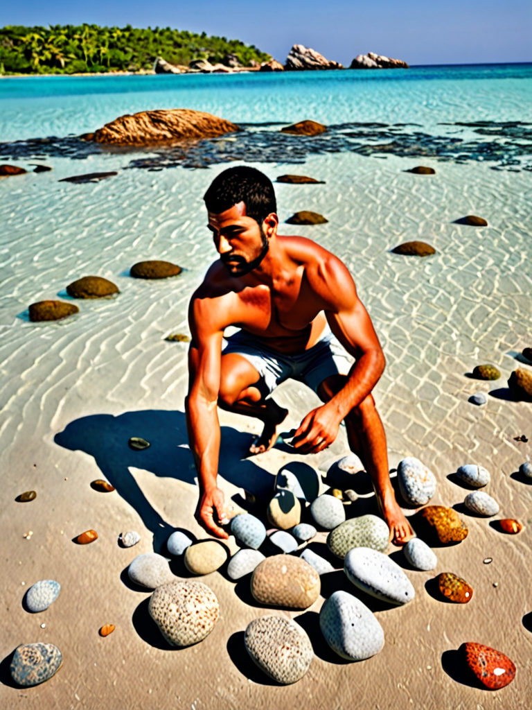 man gathers rocks on a deserted island
