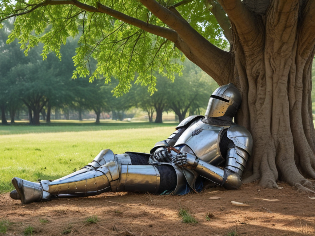 A knight resting under a tree after a long fight
