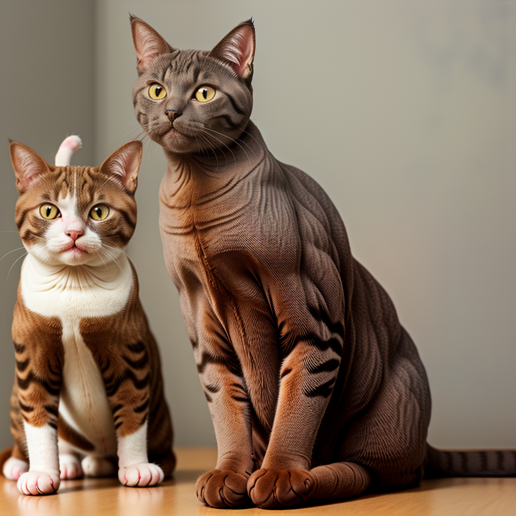 Two Uniquely Muscular Cats Posing Together in a Cozy Indoor Setting