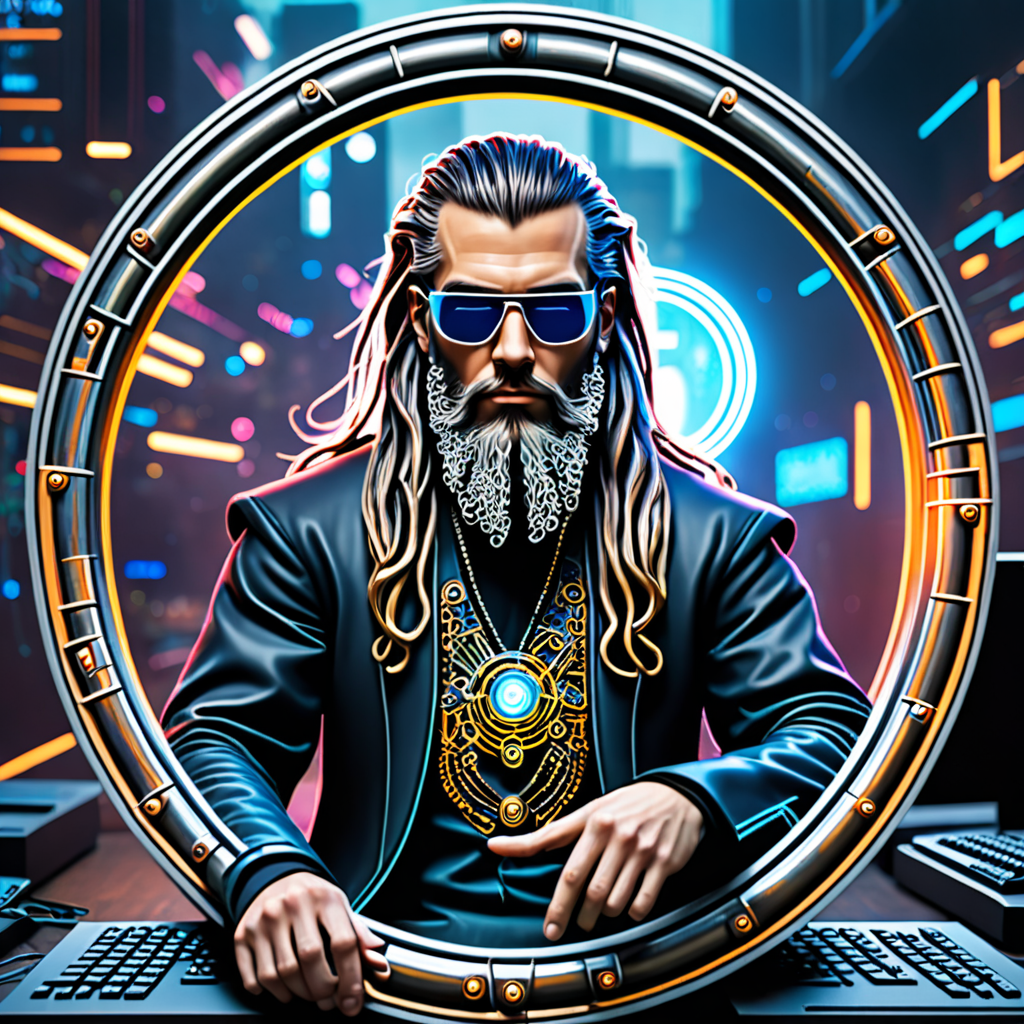Create a unique 3D art of a cyberpunk wizzard with long hairs and beard ...