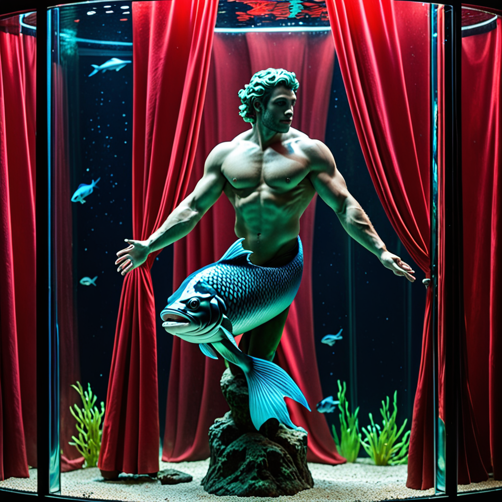 triton merman inside a cylindrical aquarium-like watertank with red ...