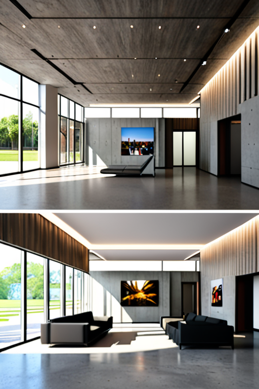 Interior renders of a lobby of an arts performance center with concrete ...
