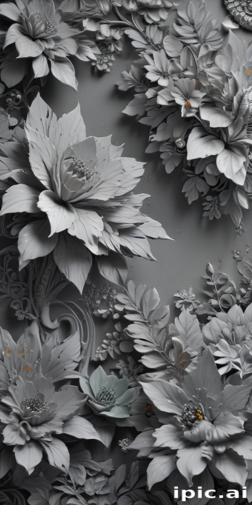 Intricate Grey Floral Design Featuring Various Flowers and Leaves in Relief