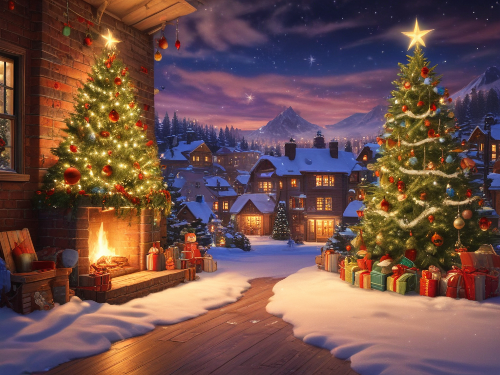 A Cozy Winter Evening with Christmas Trees and a Warm Fireplace Scene