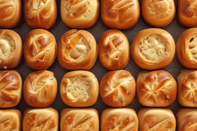 Delicious Variety of Freshly Baked Breads Arranged in Neat Rows