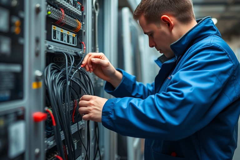 Technician Organizing and Maintaining Complex Electrical Wiring in ...