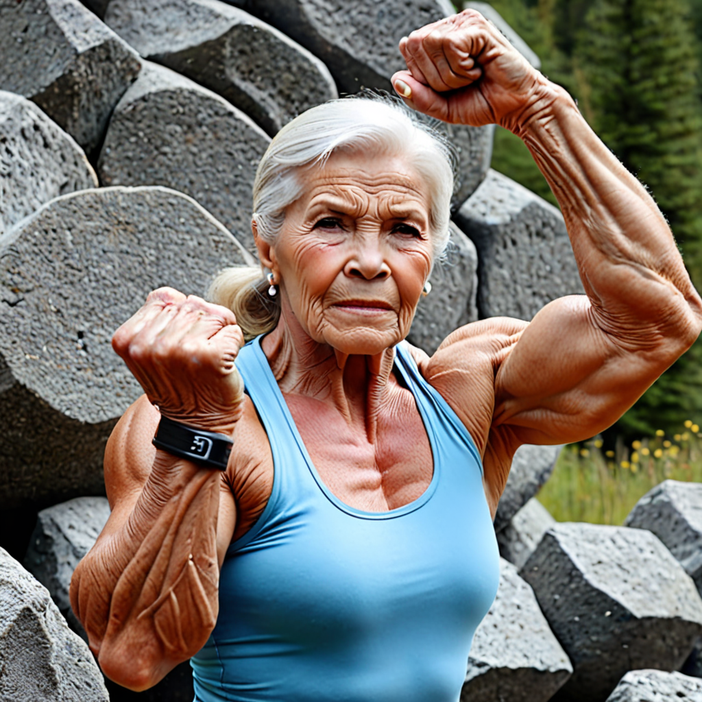 strong elderly muscular woman with enormous oversized vascular bulging ...
