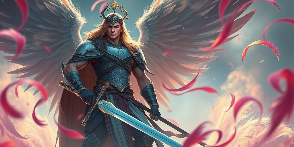 A heroic fantasy character standing confidently with a sword ...