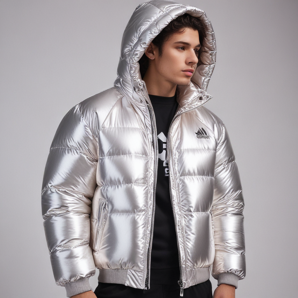 male supermodel adidas shiny super puffer jacket bling jewellery hood