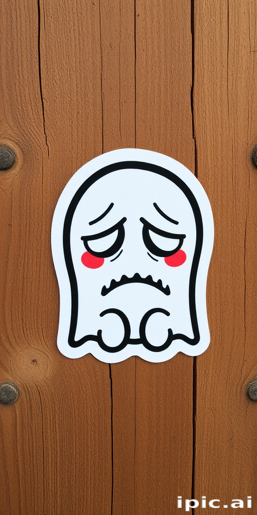 A Sad Ghost Sticker on a Wooden Surface with Heartfelt Expression.