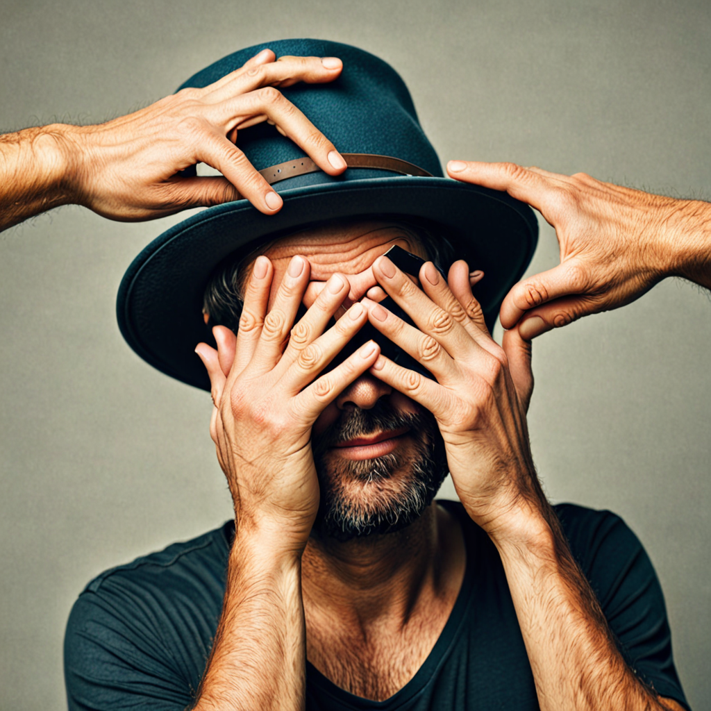 hat man with many hands covering face