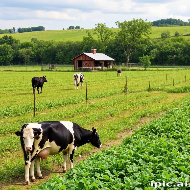A Peaceful Farm Scene with Cows Grazing Among Green Fields and Trees.