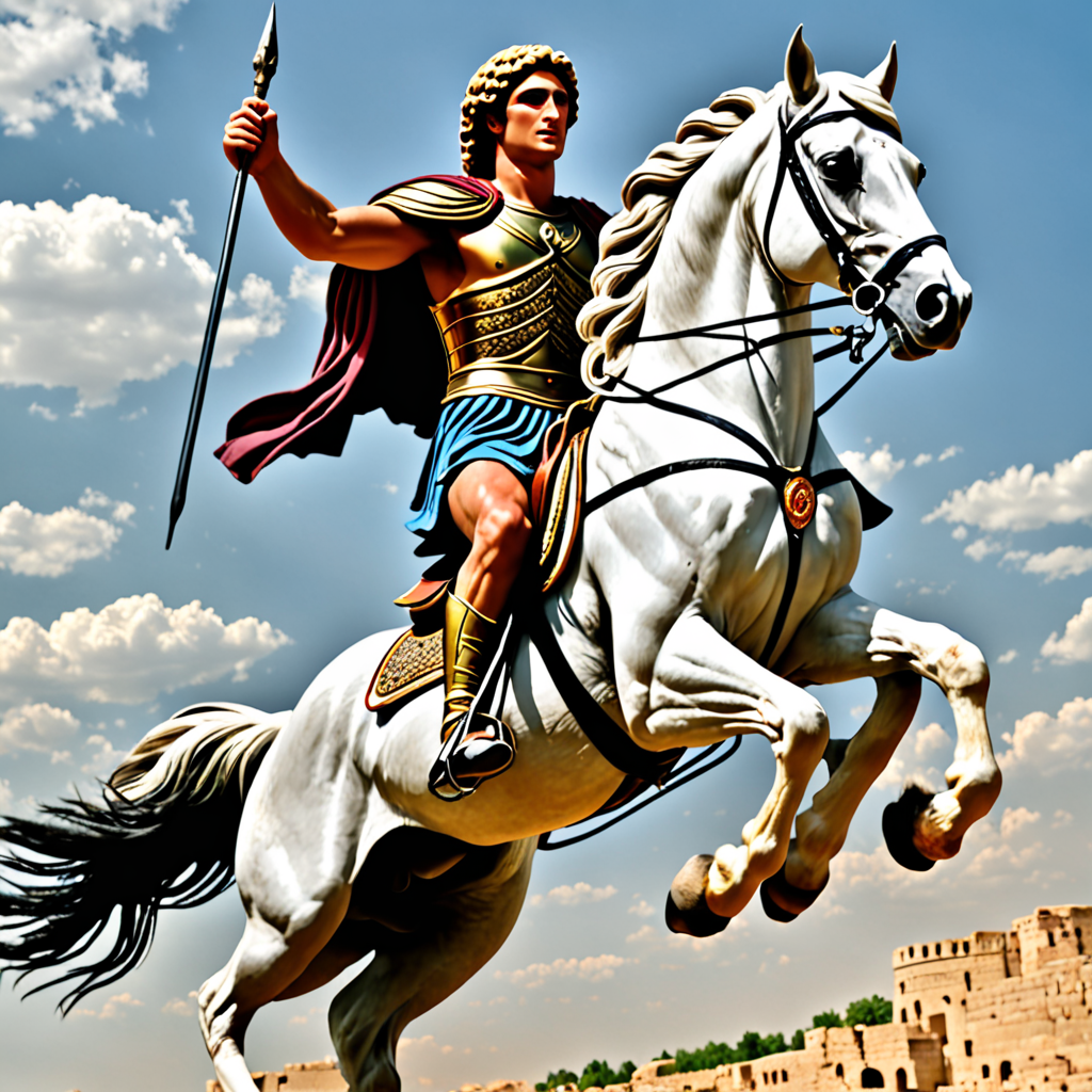 realistic picture of Alexander the Great riding boukefalaw horse