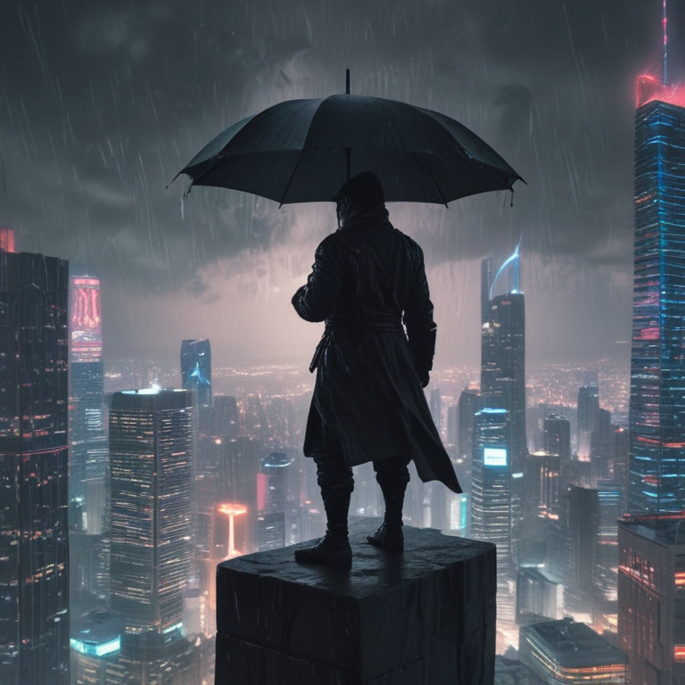a ninja atop a tall building while holding an umbrella over its head ...