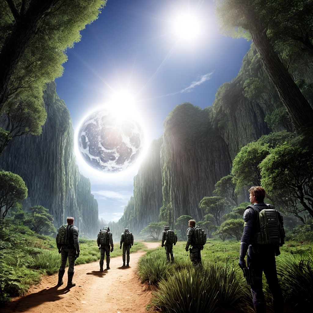 Members of SG1 team exit stargate on a lush alien planet with two suns