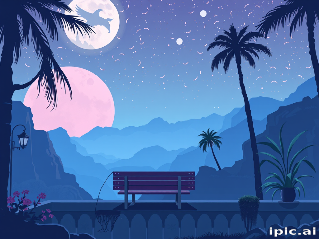 Serene Nightscape with a Bench Surrounded by Lush Tropical Mountains