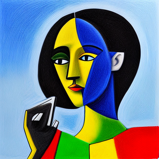 a cubism art of a person on the cell phone