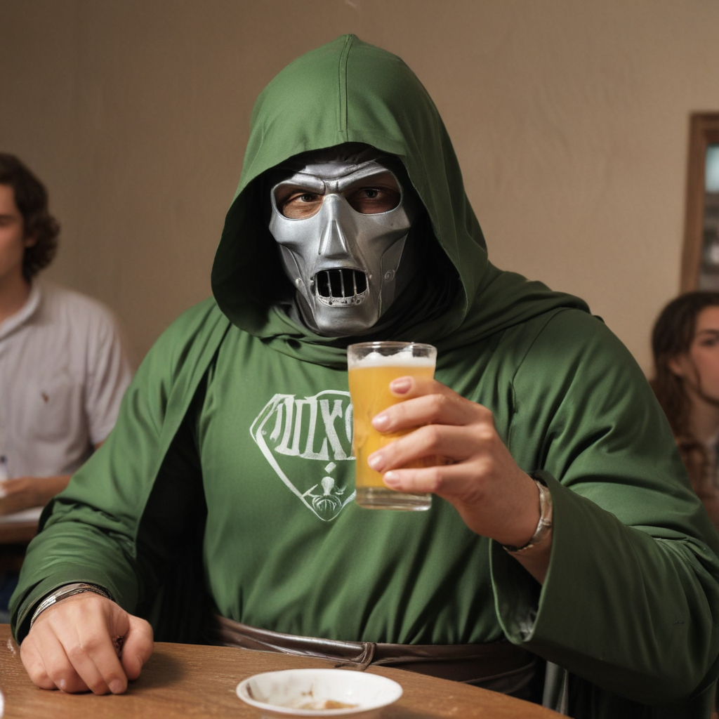 Dr Doom chugging beer through a funnel at a frat party