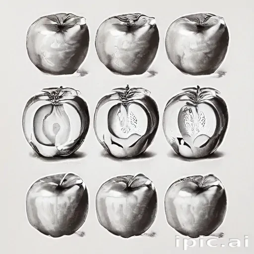 Artistic Representation of Apples in Various Stages of Cut and Whole Forms