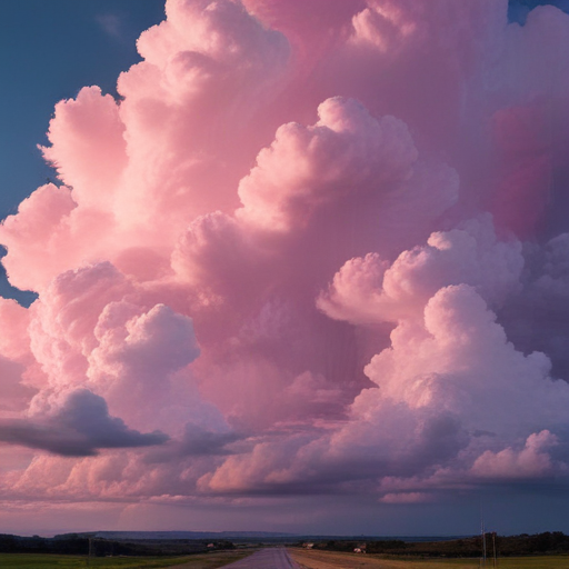 Majestic Pink Clouds Towering Over a Serene Open Road Landscape