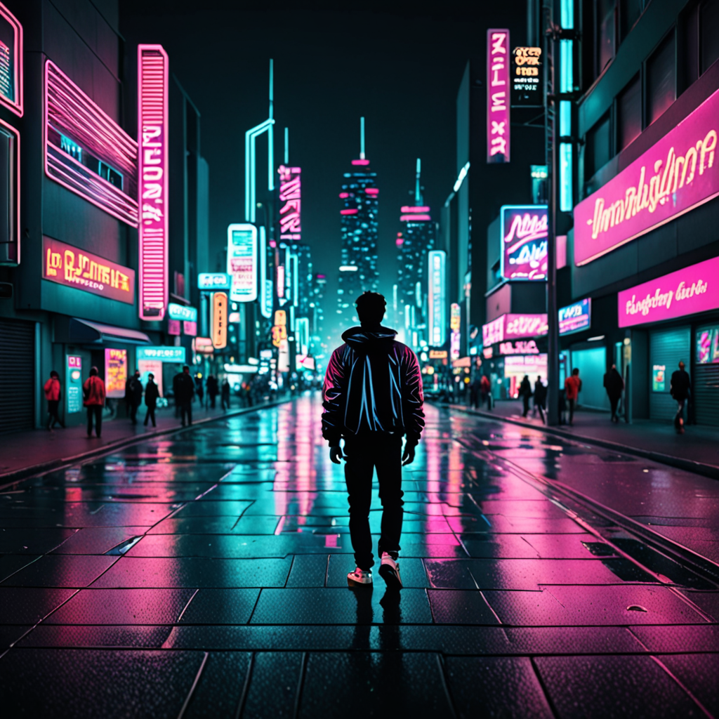 retrowave night city, person in the street