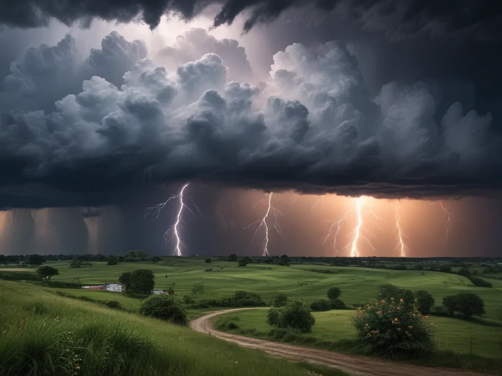 Dramatic Thunderstorm Unleashes Lightning Over Lush Green Landscape at ...