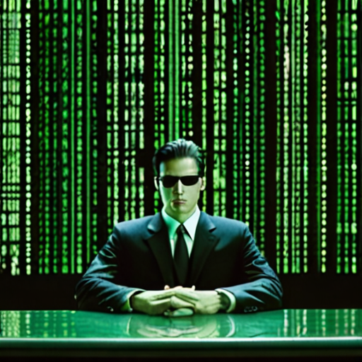 a news desk with a matrix coded man sitting at it as the world wakes ...