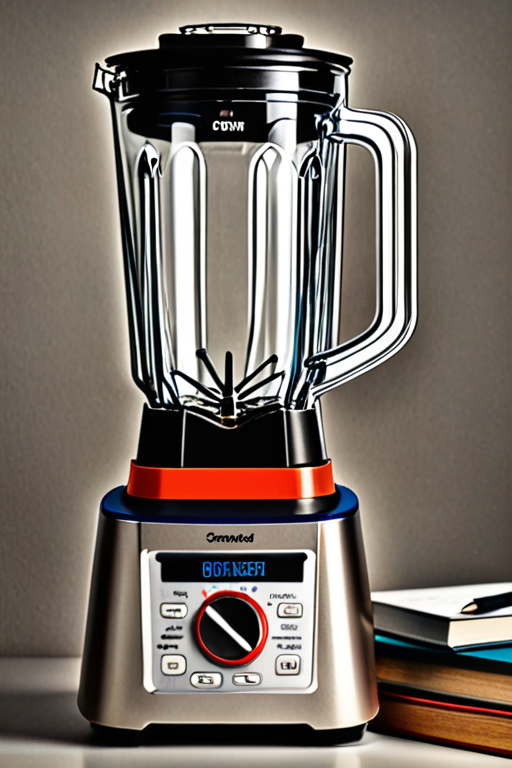 a blender with books, pens, tablets inside the blender