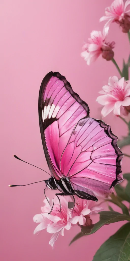 Delicate Pink Butterfly Perched Gracefully on Blossoming Pink Flowers