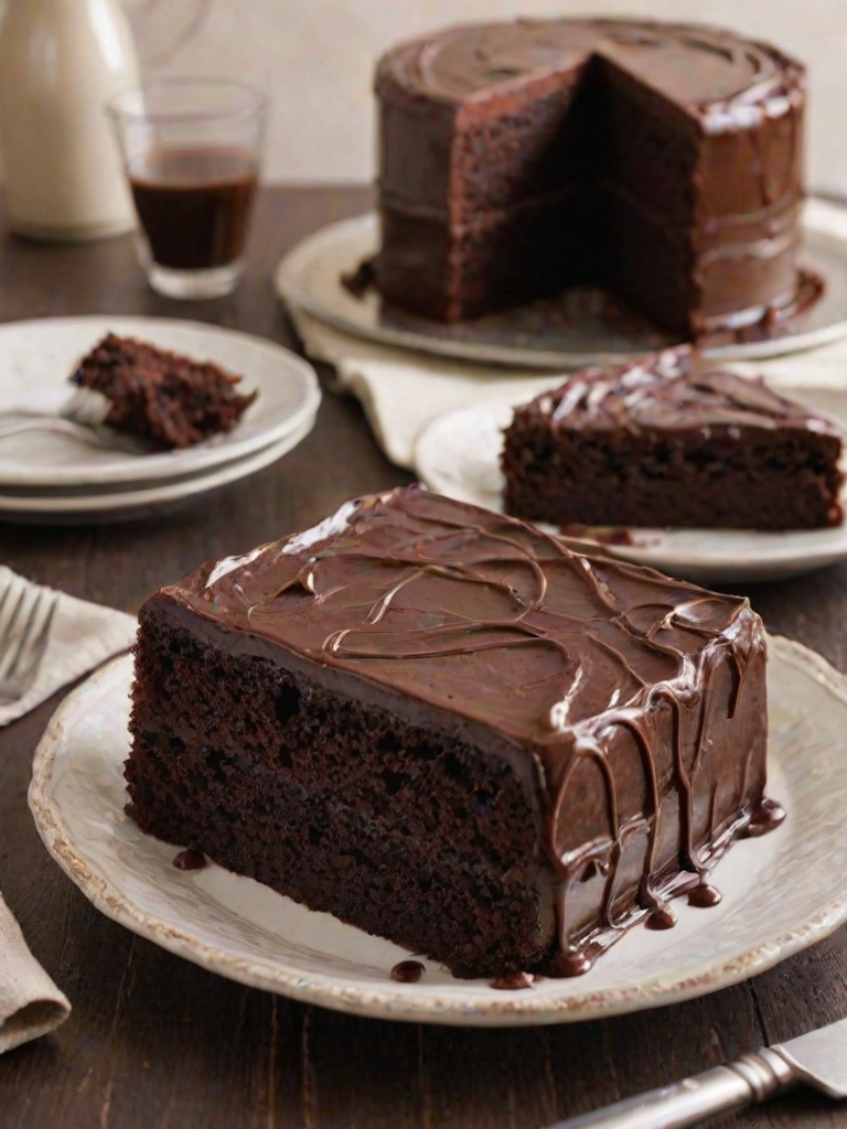 Decadent Chocolate Layer Cake with Rich Frosting and Slices Served.