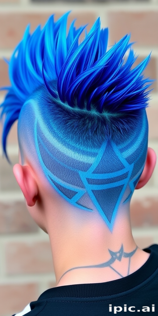 Vibrant Blue Spiky Hairstyle with Intricate Geometric Designs on the Back